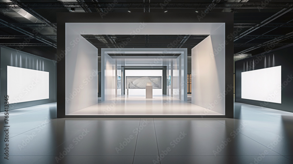 Bright white exhibition space, presentation with canvases and paintings ...