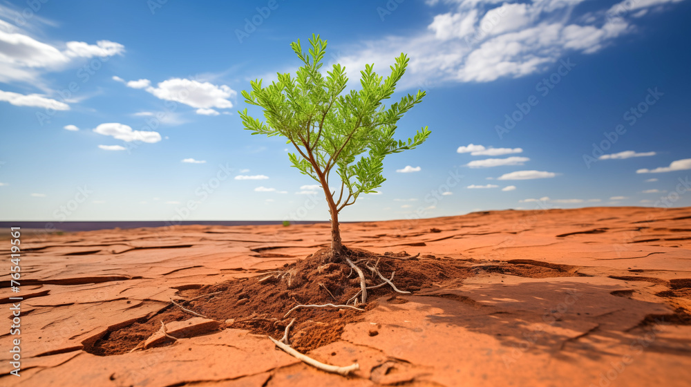 A tree surviving in dry, polluted soil, growing amidst cracked ground ...