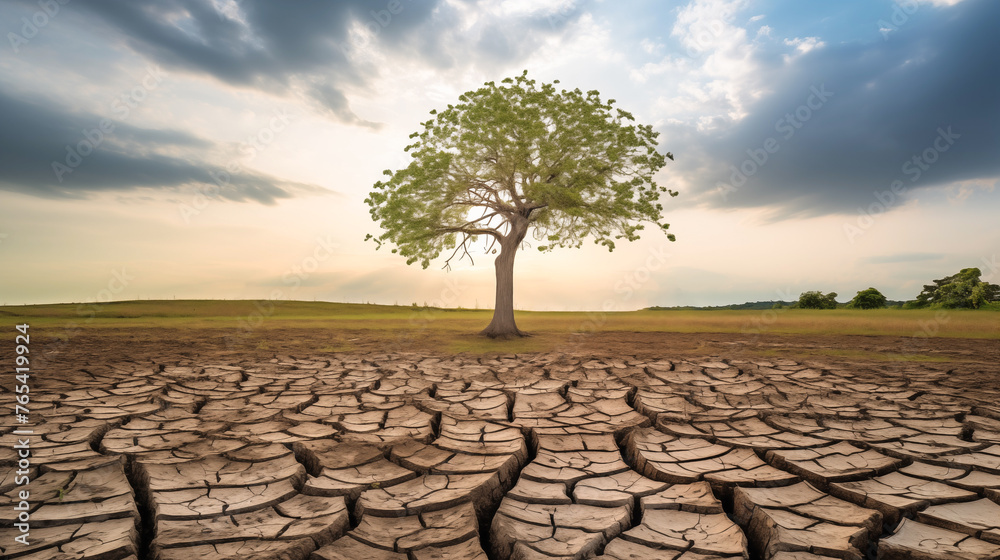 A tree surviving in dry, polluted soil, growing amidst cracked ground ...