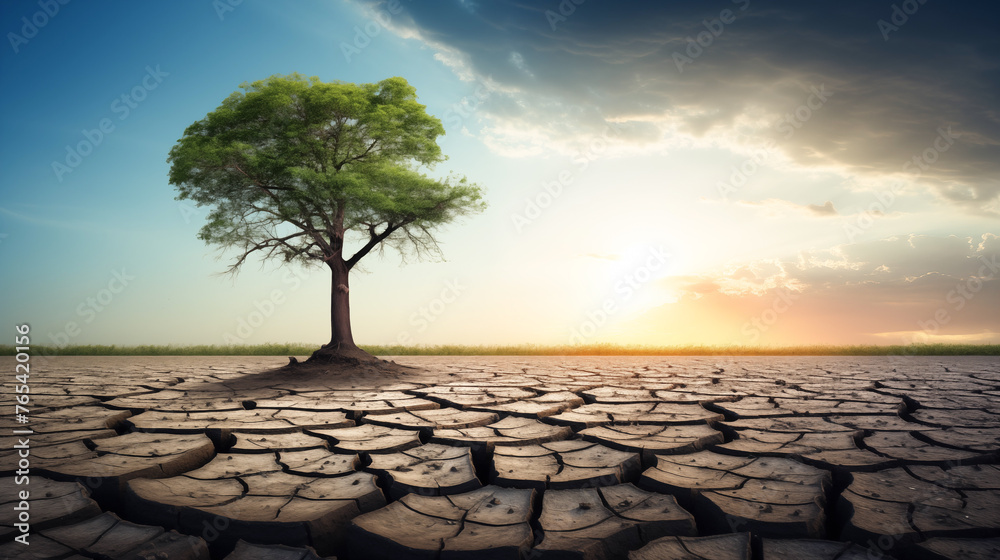 A tree surviving in dry, polluted soil, growing amidst cracked ground ...