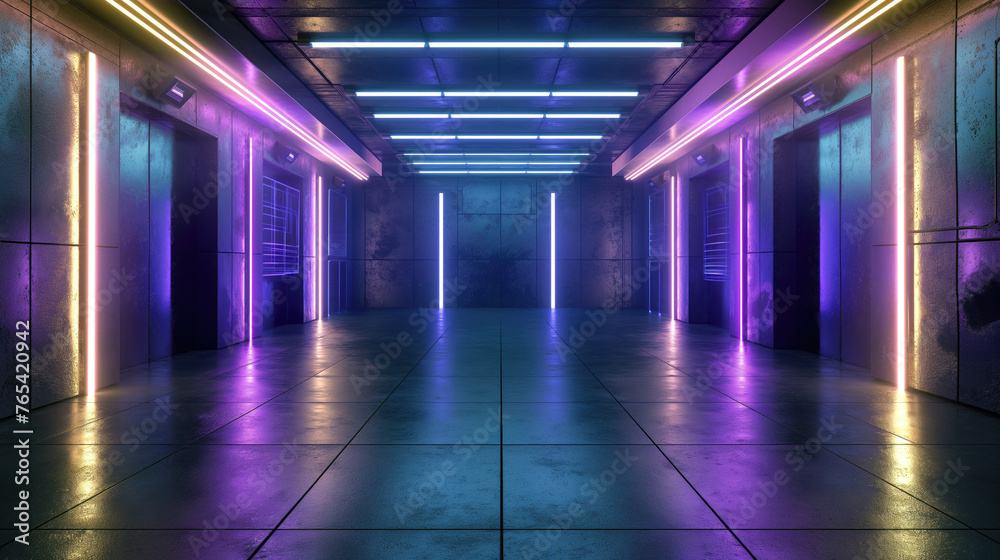 Modern Sci Fi Corridor Background With Glowing Purple And Blue Neon