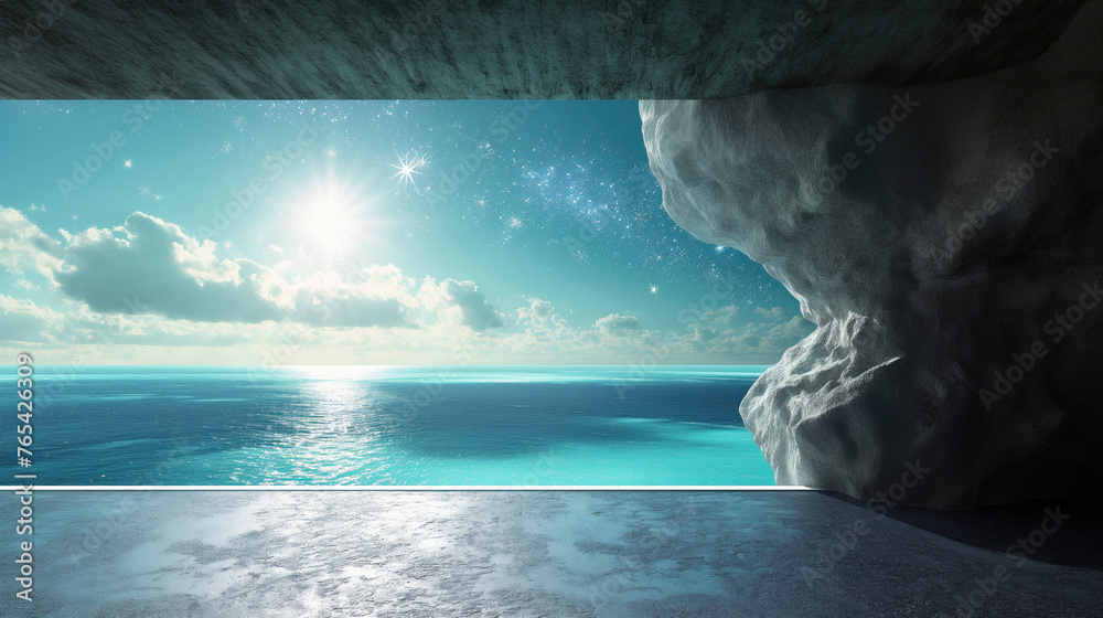 Interior with an empty room inside a rock overlooking the blue ocean ...