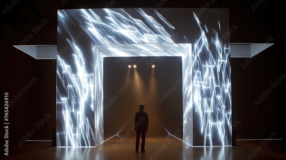 Luminous rectangular arch made of columns with light patterns. Designer ...
