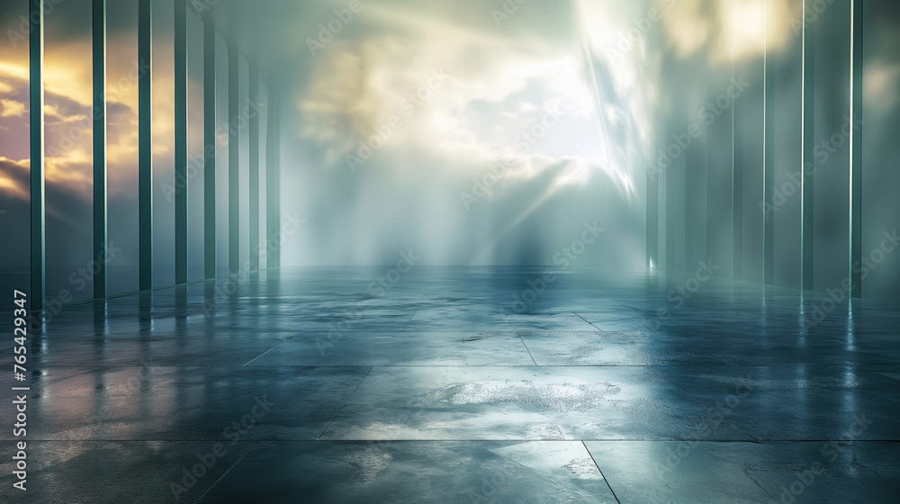 Sunlight shining through a modern glass structure. An unearthly scene ...