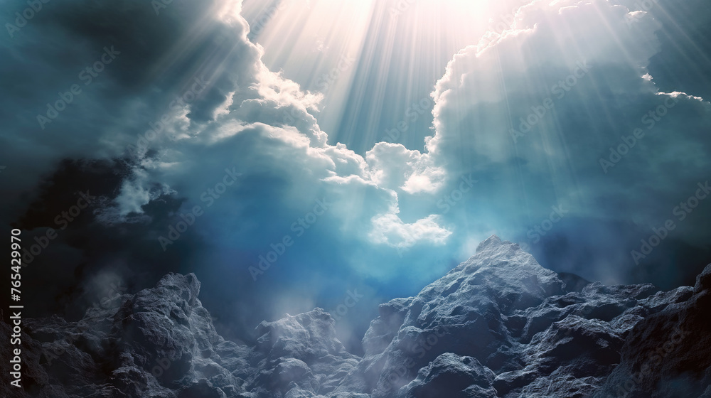 Epic direct rays through blue clouds. Clearance in the clouds. View of ...