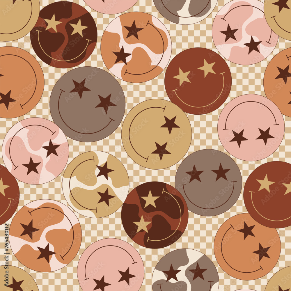 Groovy colourful cow spotted smiling faces with star shape eyes on checkerboard vector seamless ...