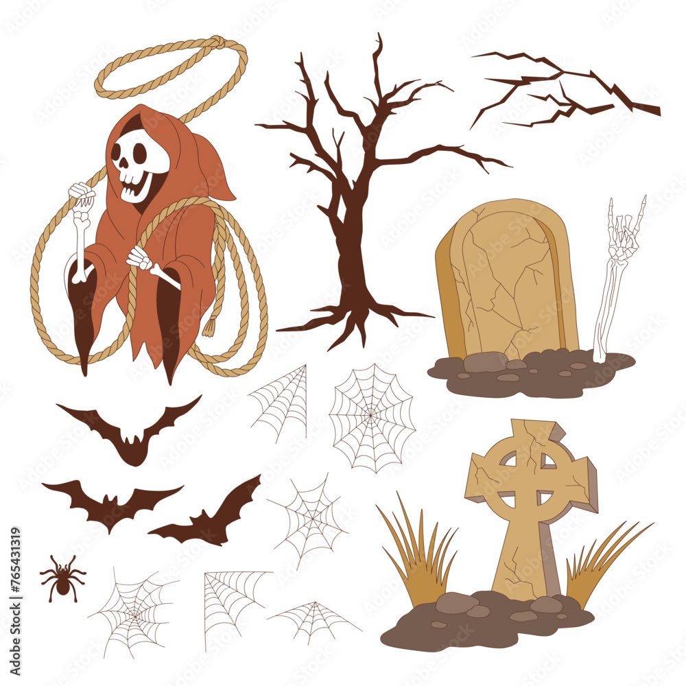 Groovy Halloween skeleton with rodeo rope scary dry tree grave bats ...