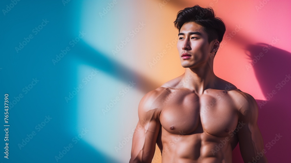 A muscular Asian man stands in front of a bright wall with shadows cast ...
