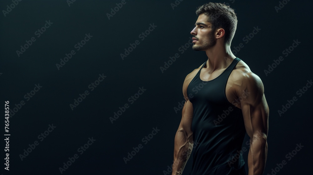 Side view of a muscular male fitness model wearing a black tank top. A ...
