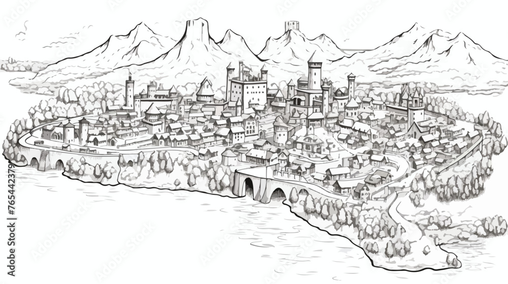 Lokii34 Medieval city fantasy area map sketch. Mountain river Stock ...