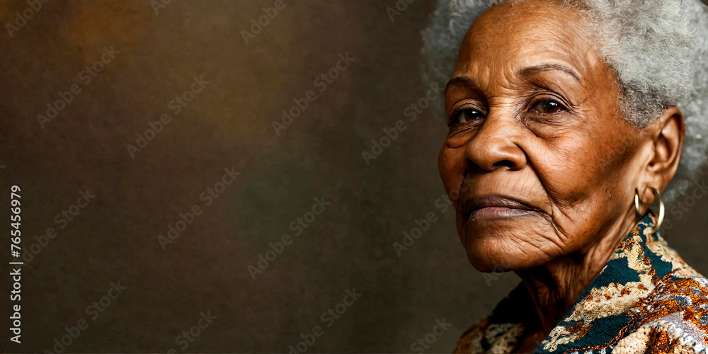 Side profile of a dignified elderly African woman, gazing serenely into ...