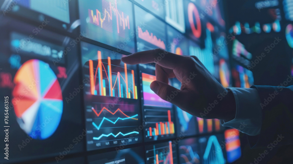 Analyzing financial data on multiple screens, a hand points to specific ...