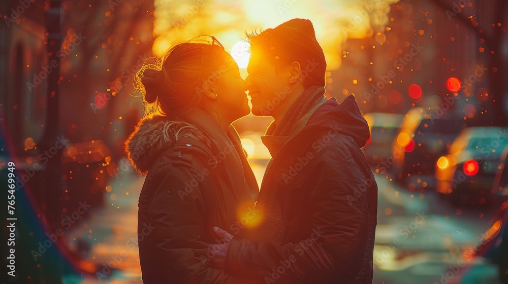 Two people embrace, foreheads touching, with a sunset backdrop, amidst ...