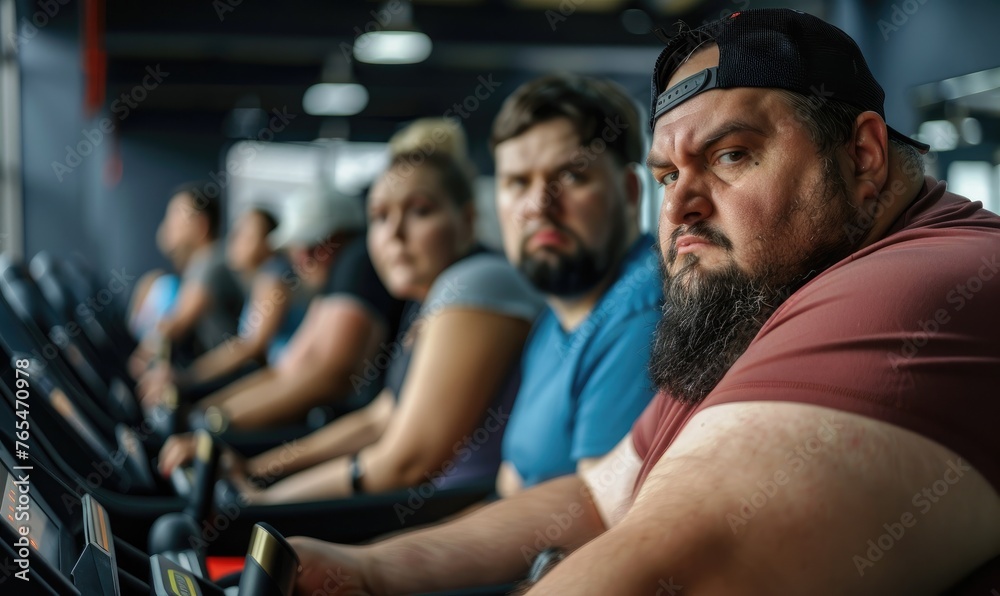Group of fat or oversize people working out on treadmills at a gym ...
