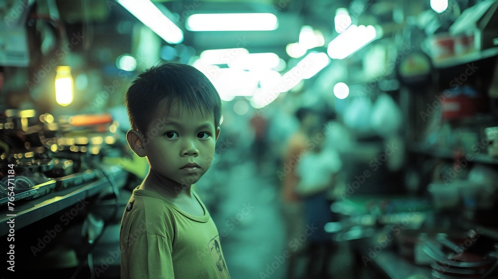 Silent Child Labor: Against a blur, a child in an electric shop ...
