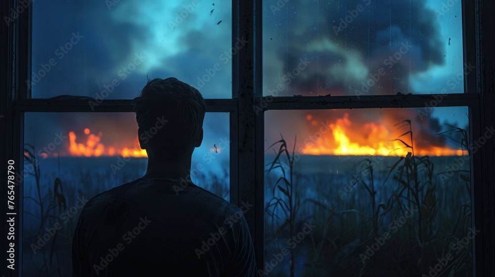 Man watching a wildfire from a window - A silhouette of a man stands in ...
