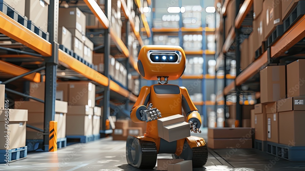 An autonomous orange robot with a friendly digital face carries boxes through the aisles of a ...