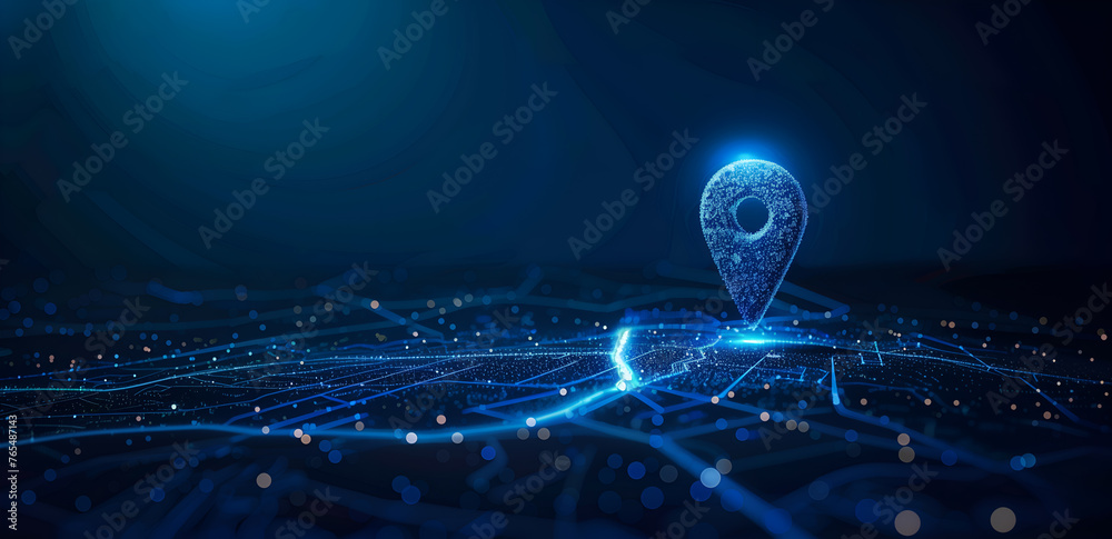 Abstract blue polygonal map with location mark pin and path on dark ...