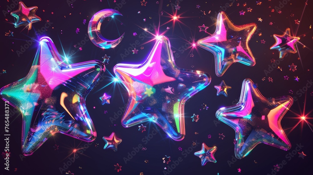 Isolated 3d holographic stars in y2k futuristic style with falling and ...