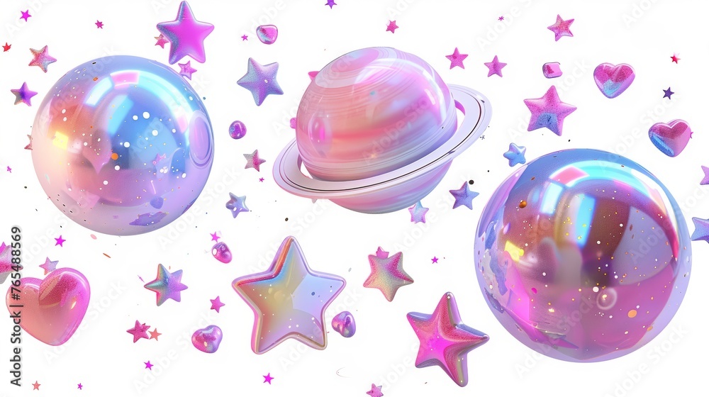 3D chrome planets on white background with stars and hearts in an y2k ...