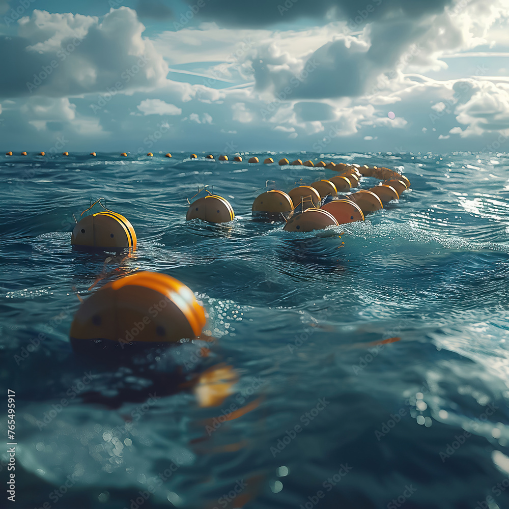 Wave energy converters at sea, representing ESG and renewable power ...