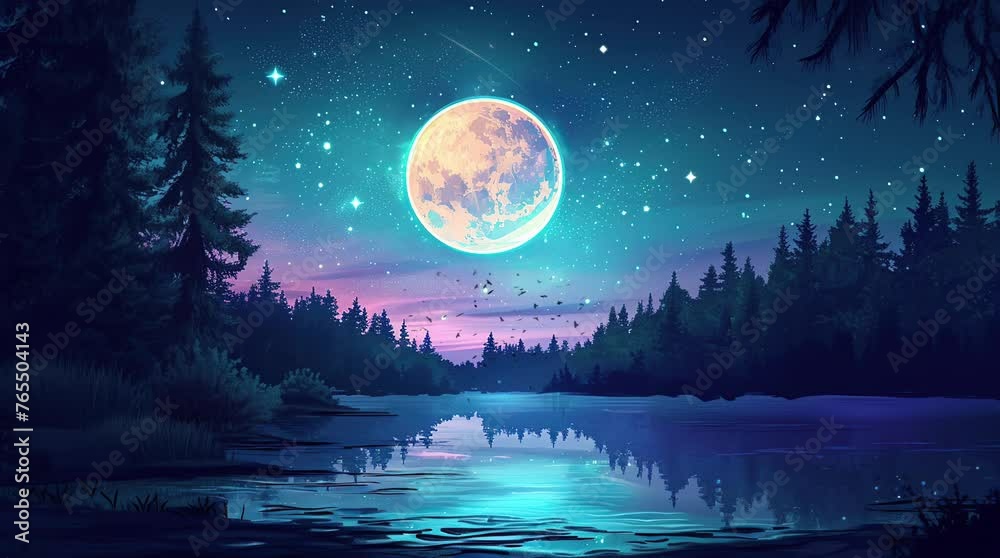 Fantasy lake nestled amidst pine forest under the full moon night ...