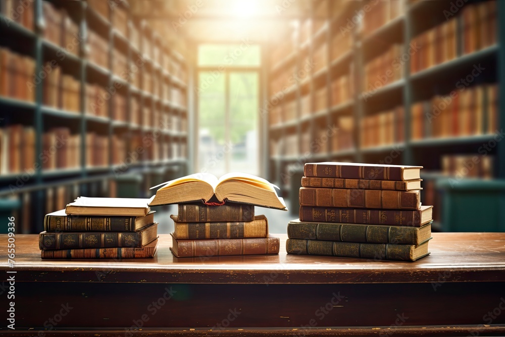 Education learning concept with opening book or textbook in old library ...