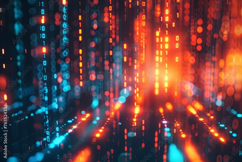 Digital background featuring glowing binary code, orange and blue ...