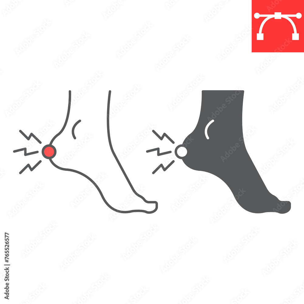 Heel pain line and glyph icon, body pain and human disease, heel ache ...