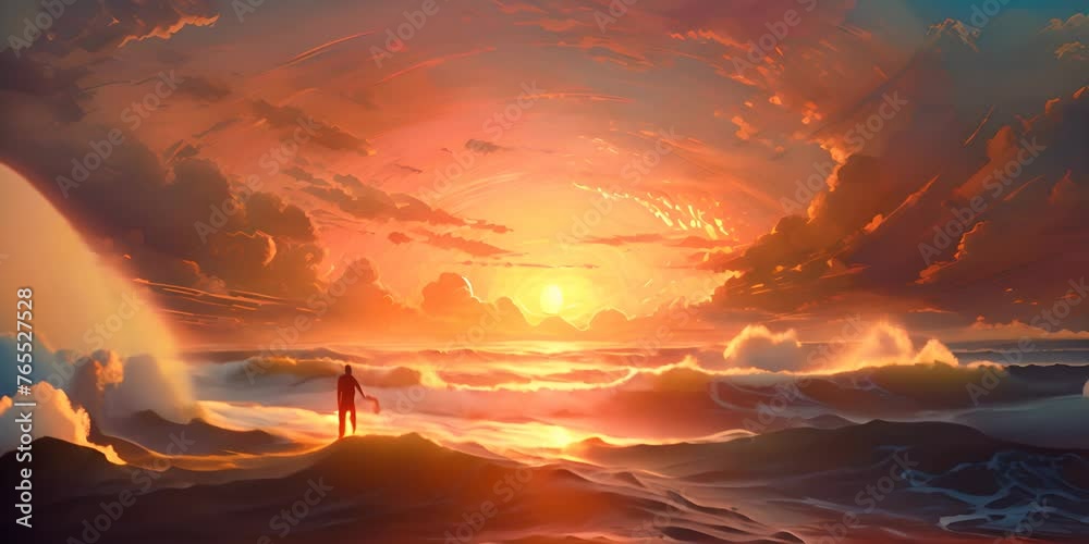 A solitary figure traverses the rugged shoreline, a vivid canvas of ...