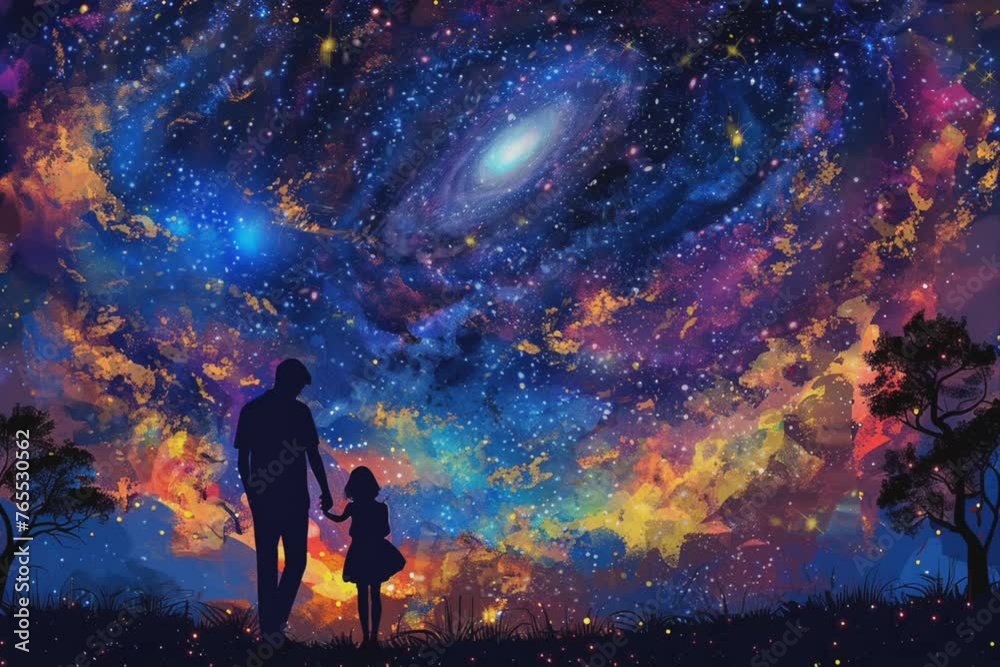 father and son looking through sky where stars and milk way moving ...