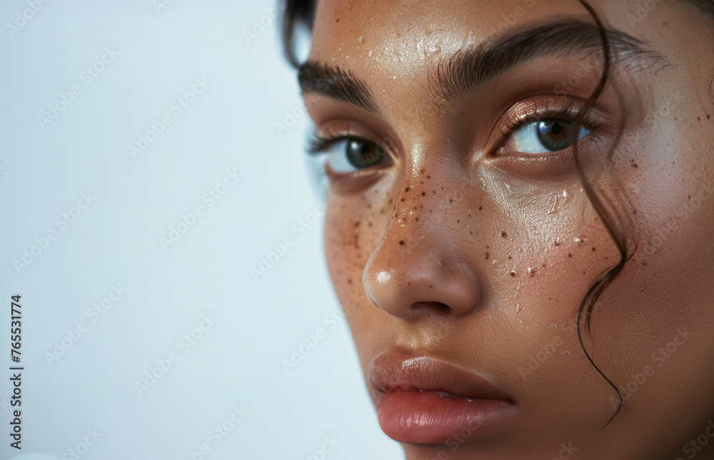 Zoom in eyes Beautiful Black Woman sweating eyes Skin Model freckled ...