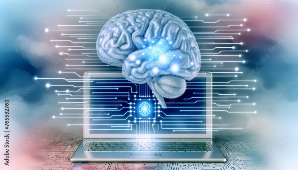 An illustration showing a human brain seamlessly integrating with a laptop, symbolising the ...
