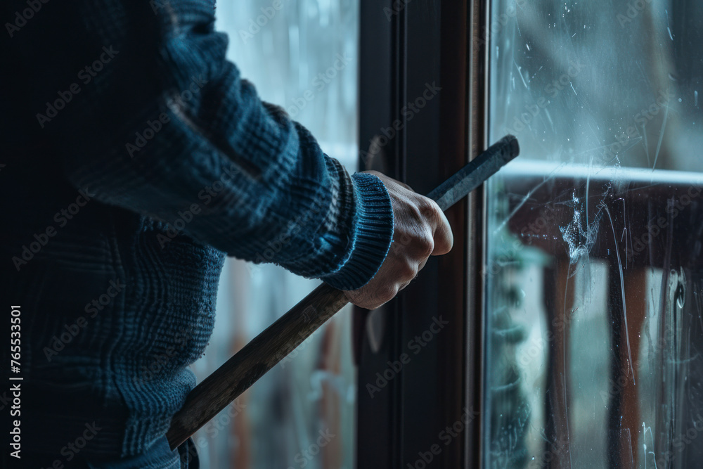 Burglar with crowbar breaking and entering into a victim's home. Close ...
