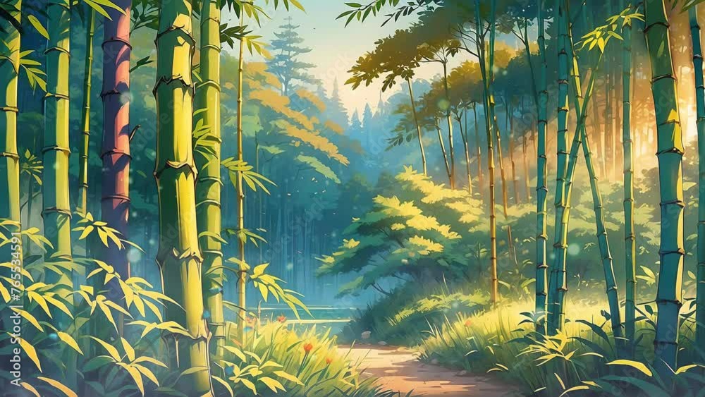 Golden Pathway 4K Anime Video of Bamboo Forest Path Illuminated by ...