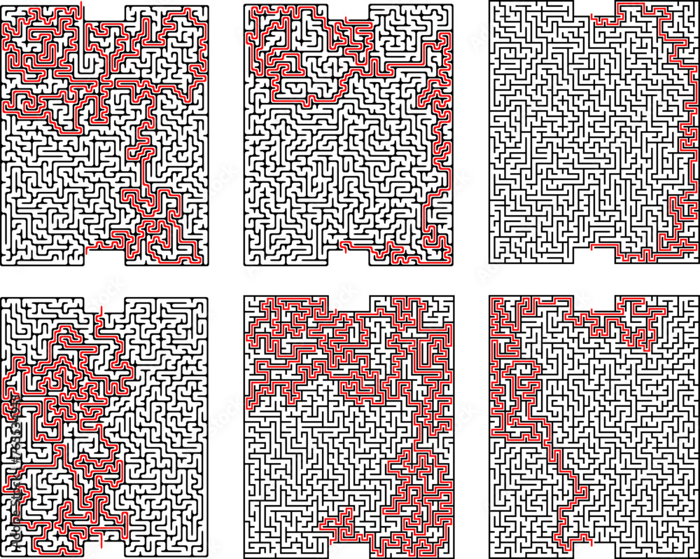 Set of 6 vector rectangular labyrinths with entry and exit. Difficulty ...