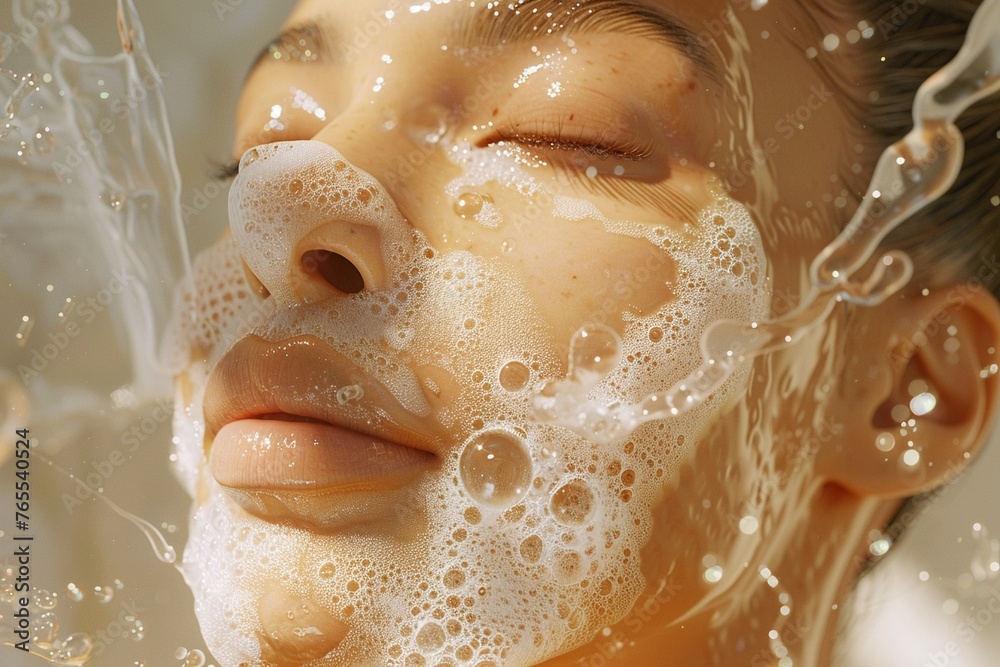 A dynamic 3D scene showcasing a Deep Clean facial cleanser tube with ...