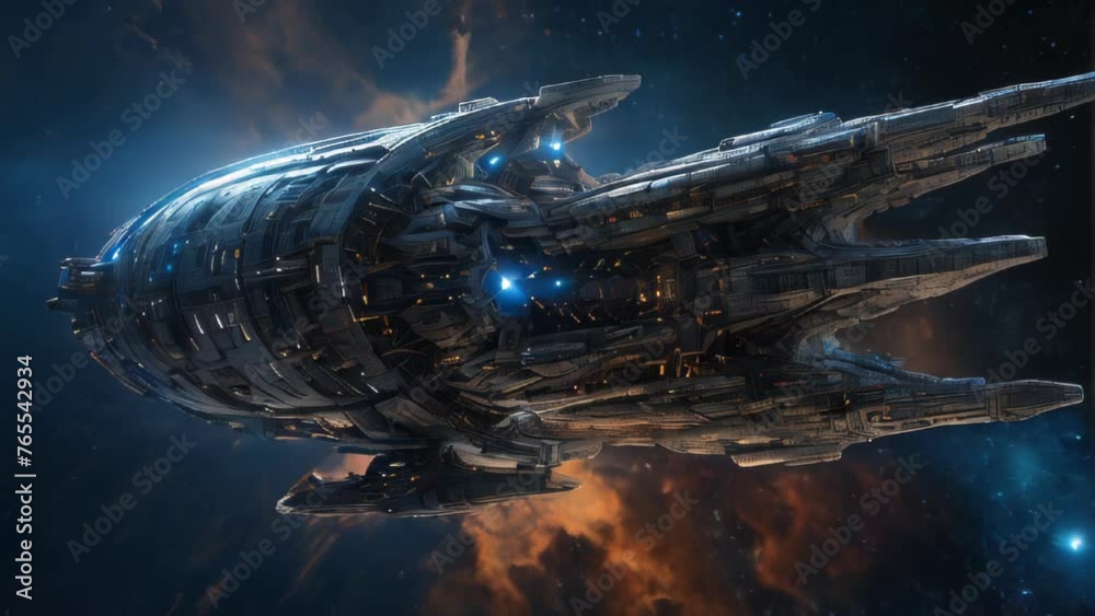 A colossal spaceship navigates the depths of space, with interstellar ...