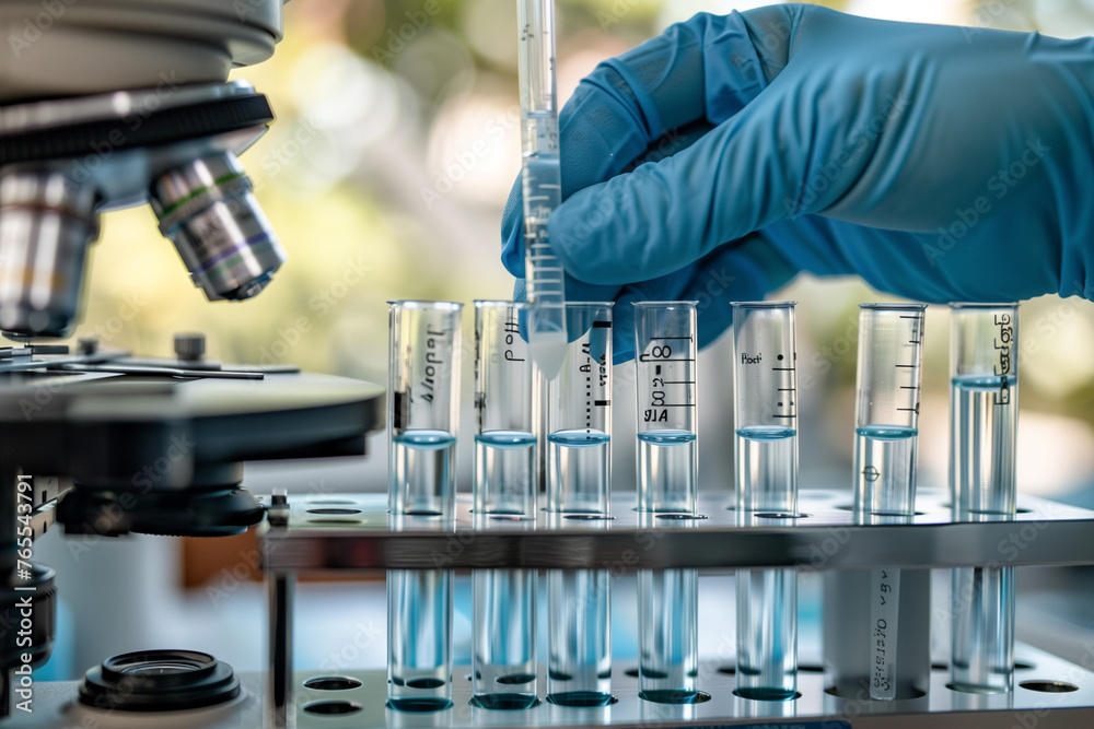 a person's hand in a blue glove holding a swab over a row of test tubes ...