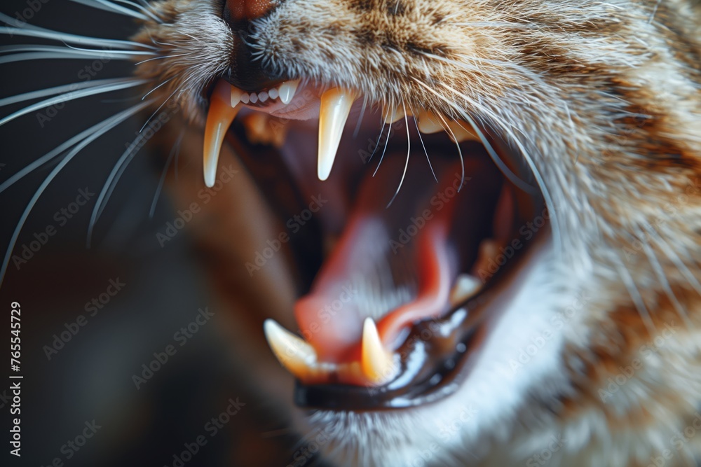 Closeup open mouth of an angry cat full of fangs. Macro photography of ...
