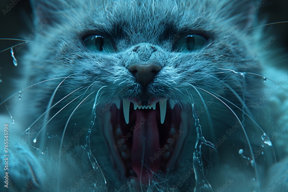 Closeup muzzle of an angry white cat, lynx or snow leopard. Jaws full ...