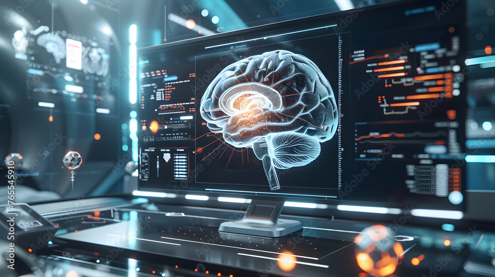 Creative illustration of MRI brain scan displayed on a high-tech ...
