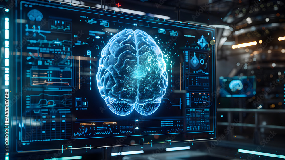 MRI brain scan displayed on a high-tech monitor, with annotations and ...