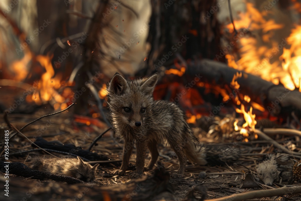 Young fox witnessing the devastation of a forest fire, evoking emotions ...