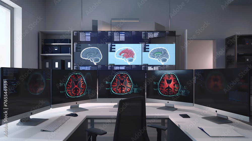 MRI brain scan displayed on multiple monitors within a high-tech ...