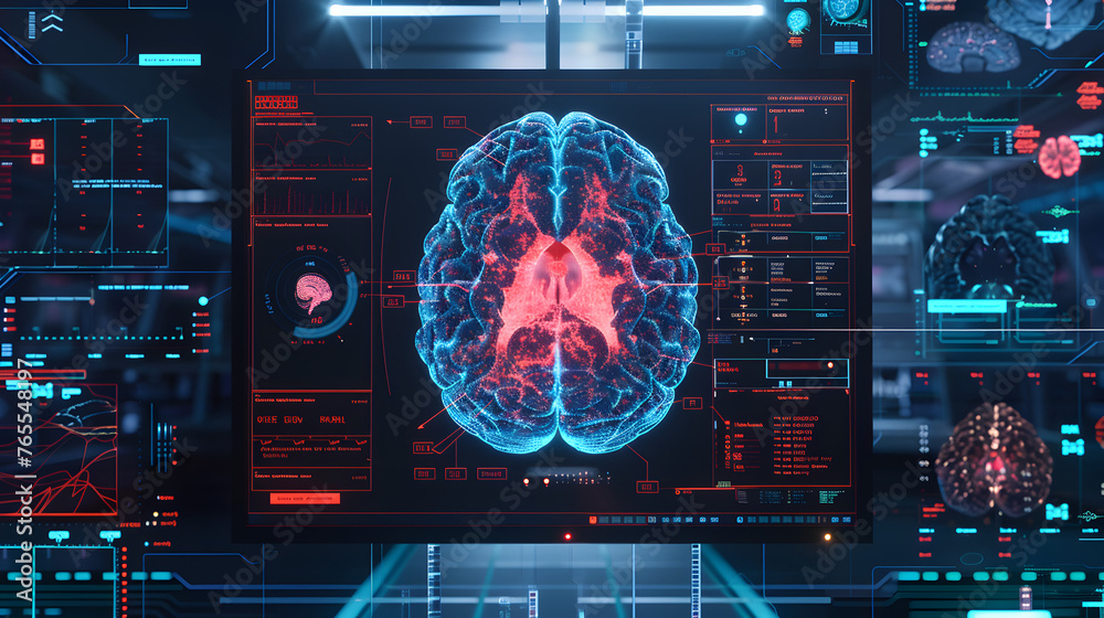 MRI brain scan of an ALS patient displayed on a sleek, modern interface ...