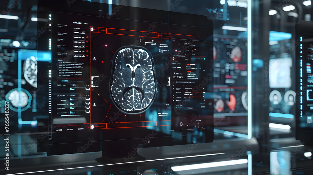 MRI brain scan of an ALS patient displayed on a sleek, modern interface ...