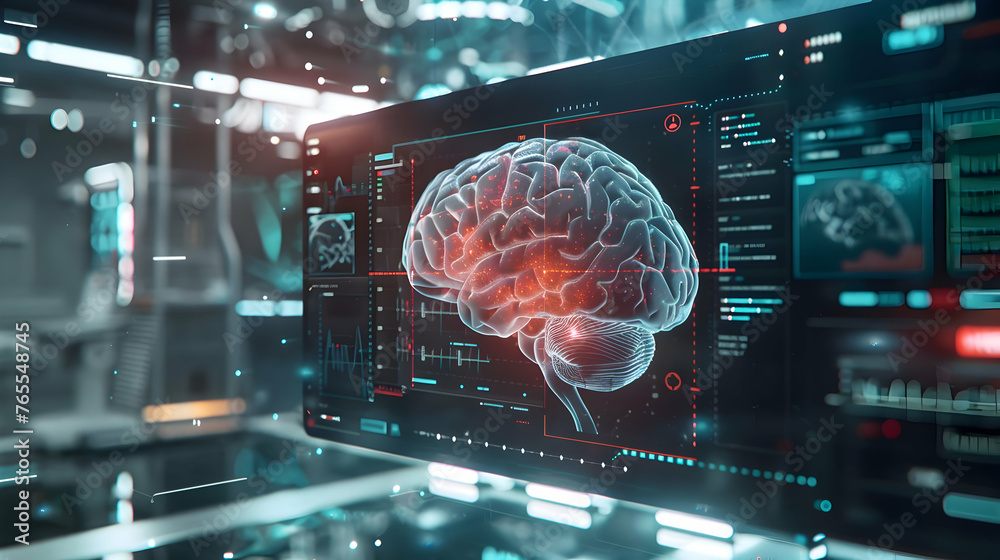 MRI scan of a hemorrhagic brain displayed on a transparent holographic ...