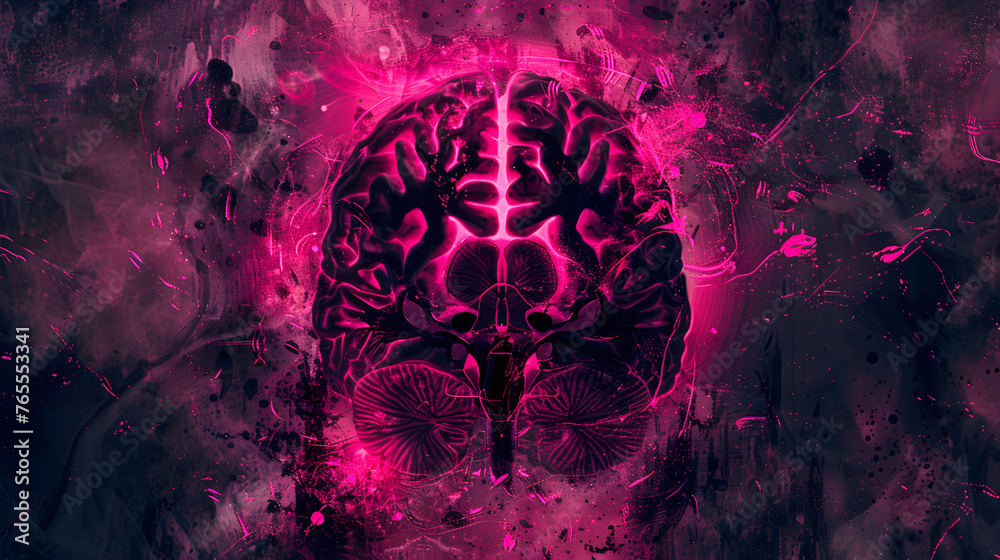 MS brain MRI, with affected areas illuminated in bright pink against ...