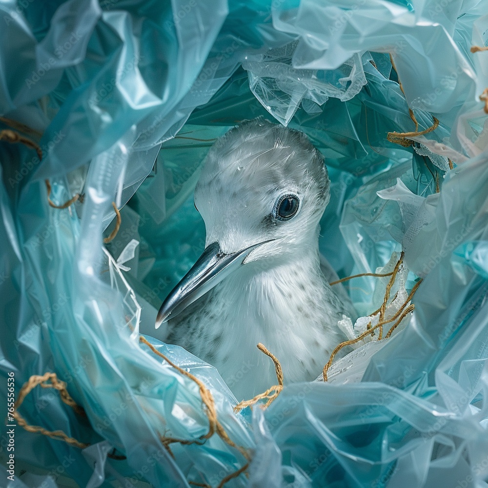 Capture a striking close-up image of a seabird tangled in plastic debris, highlighting the ...